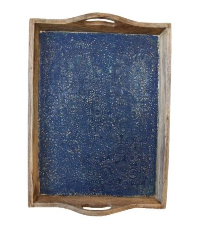 Ali Serving Tray: Handmade Brass Inlay Navy Wash Mango Wood Decor Tray ...