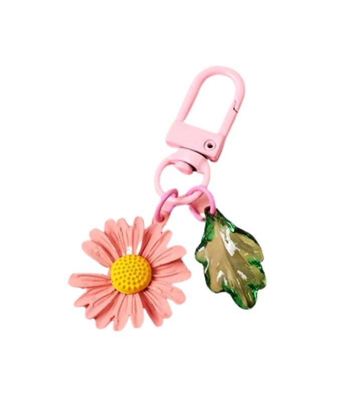 🌸🍃 Flower & Leaf Key Ring - Pink | 2.5cm Flower, Metal & Plastic Leaf 🌸